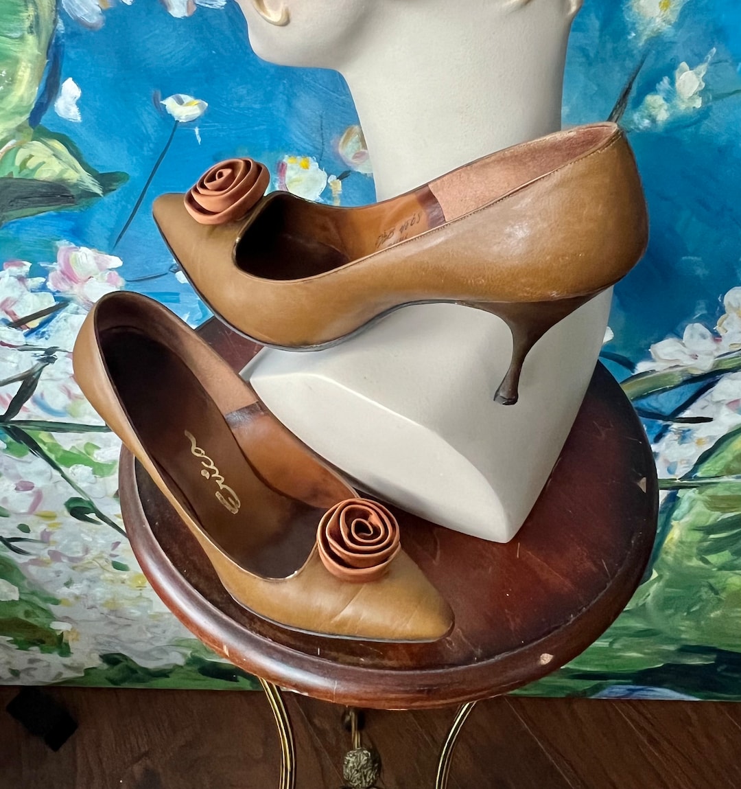 50s Haute Couture Stiletto Pump Olive Tan Leather Heels Copper Brown ...