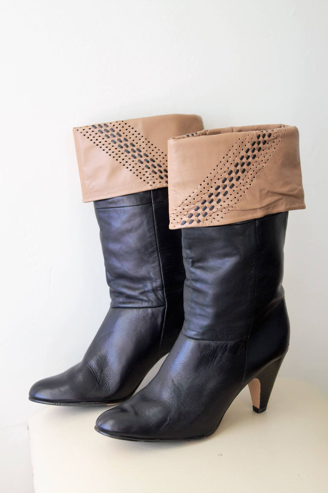 80's Black Boots Women Leather Boots Biege Cuffs Ankle | Etsy