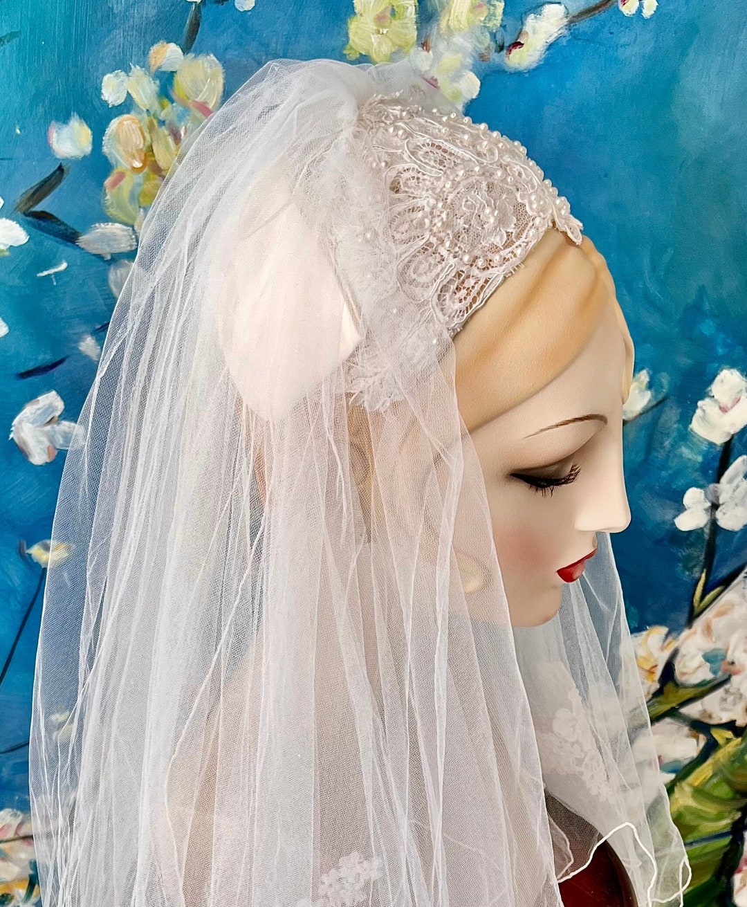 Cream Juliet Cap Bow Fingertip Blusher White Veil by Priscilla of ...
