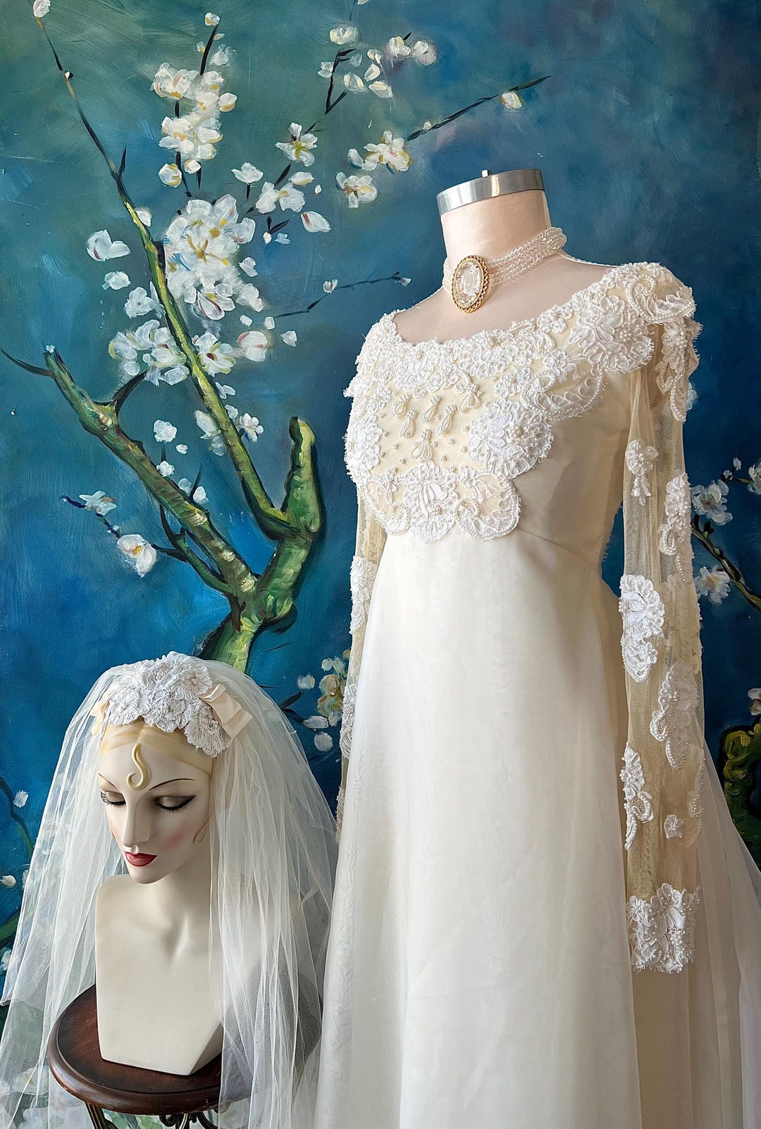 60s Bridgerton Bride Princess Bride Cream Chiffon Wedding Gown Beaded ...