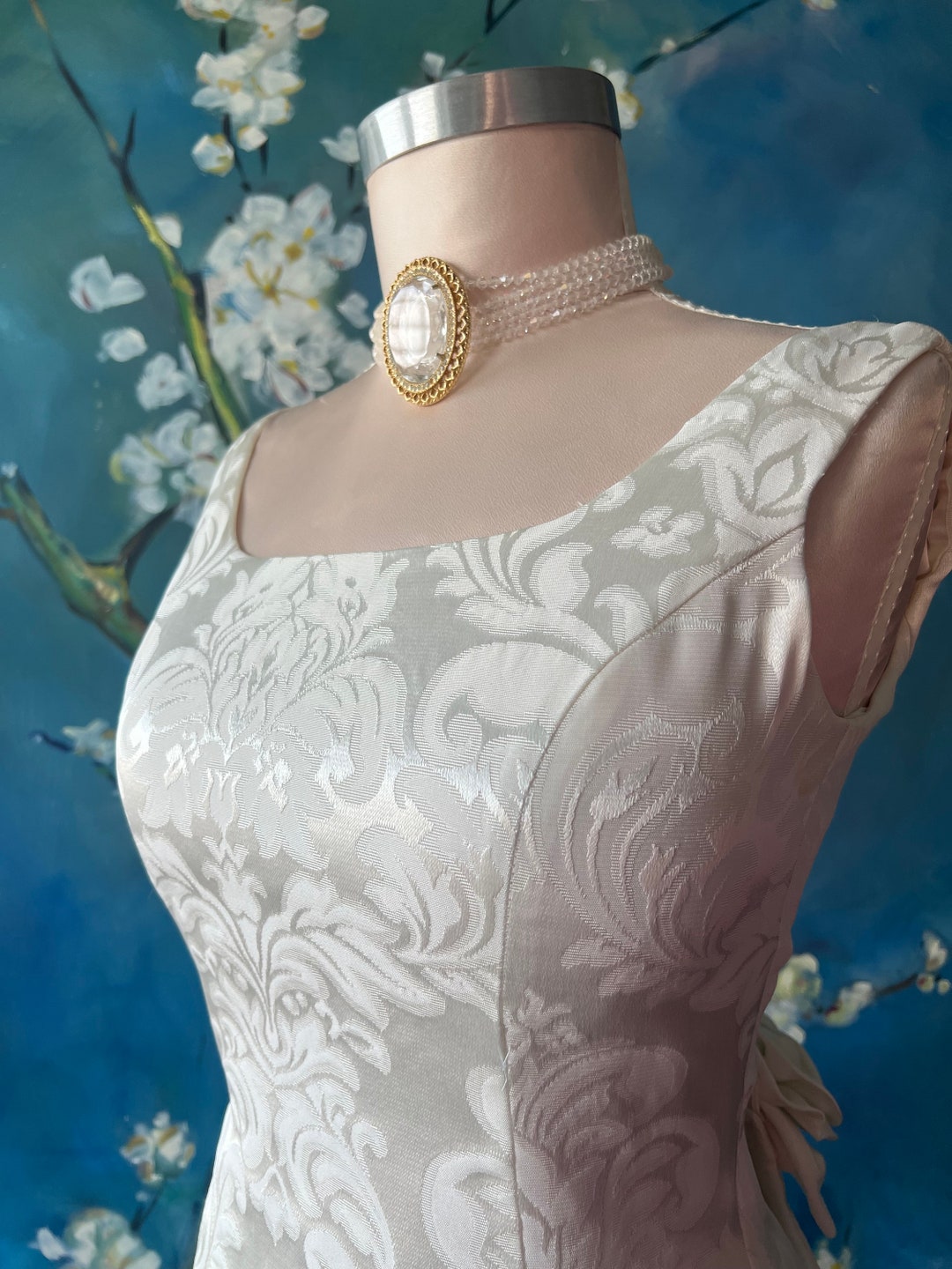 Gunne Sax Cream Brocade Fabric Sleeveless Sheath Wedding Dress High ...