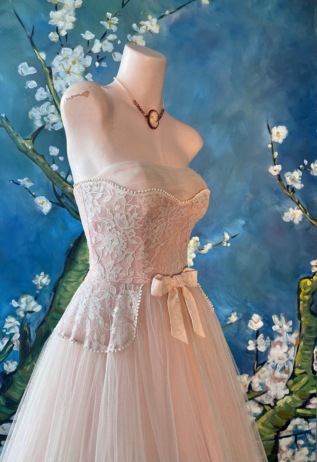 Vintage 1950s 50s Strapless Bombshell PINK Ivory Lace Tulle Ribbon Bows ...