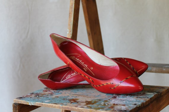 80's Red Leather Secretary Dress Pumps Holiday Heels … - Gem