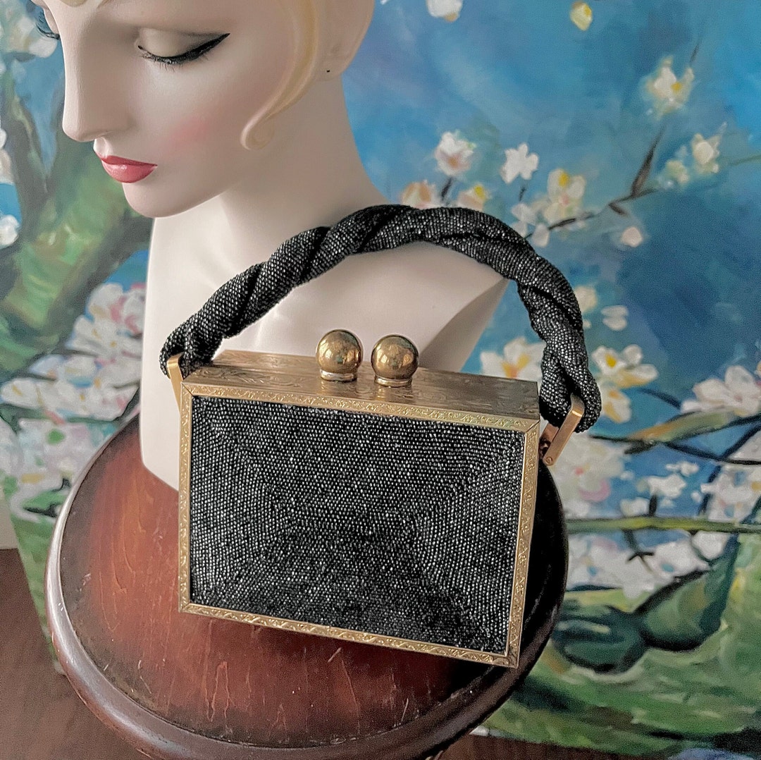 1940s Brass Box Purse Black Carnival Beads Kiss Closure FRE-MOR Purse ...