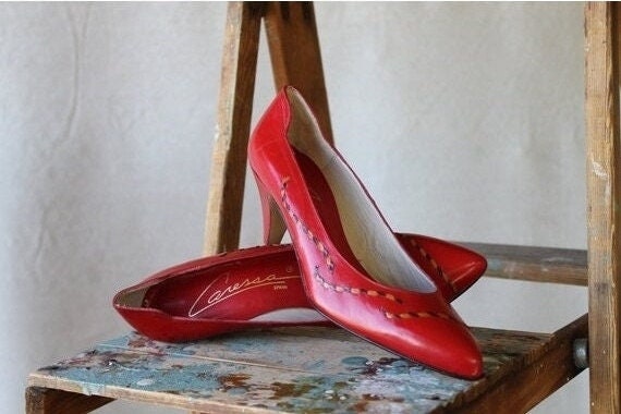 80's Red Leather Secretary Dress Pumps Holiday Heels … - Gem