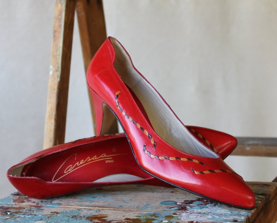 80's Red Leather Secretary Dress Pumps Holiday Heels Red Shoes With Tan ...
