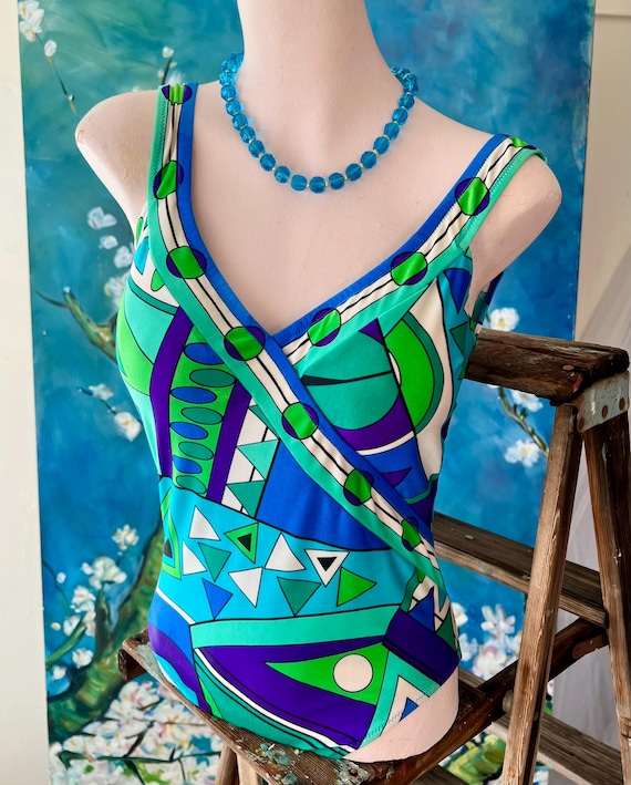 1990s Puccie-esque Swimsuit Bathing Suit Mod Blue Gre… - Gem