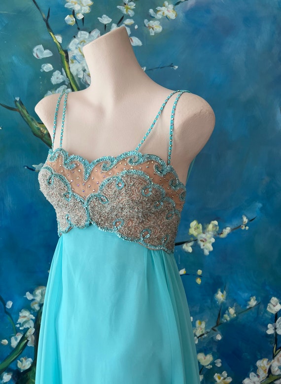 1970s Aqua Chiffon Maxi Mermaid Dress Deep Side Slits… - Gem