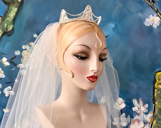 1940s Princess Grace Bride Crown Veil Fairy Princess Dress Ivory Lace ...
