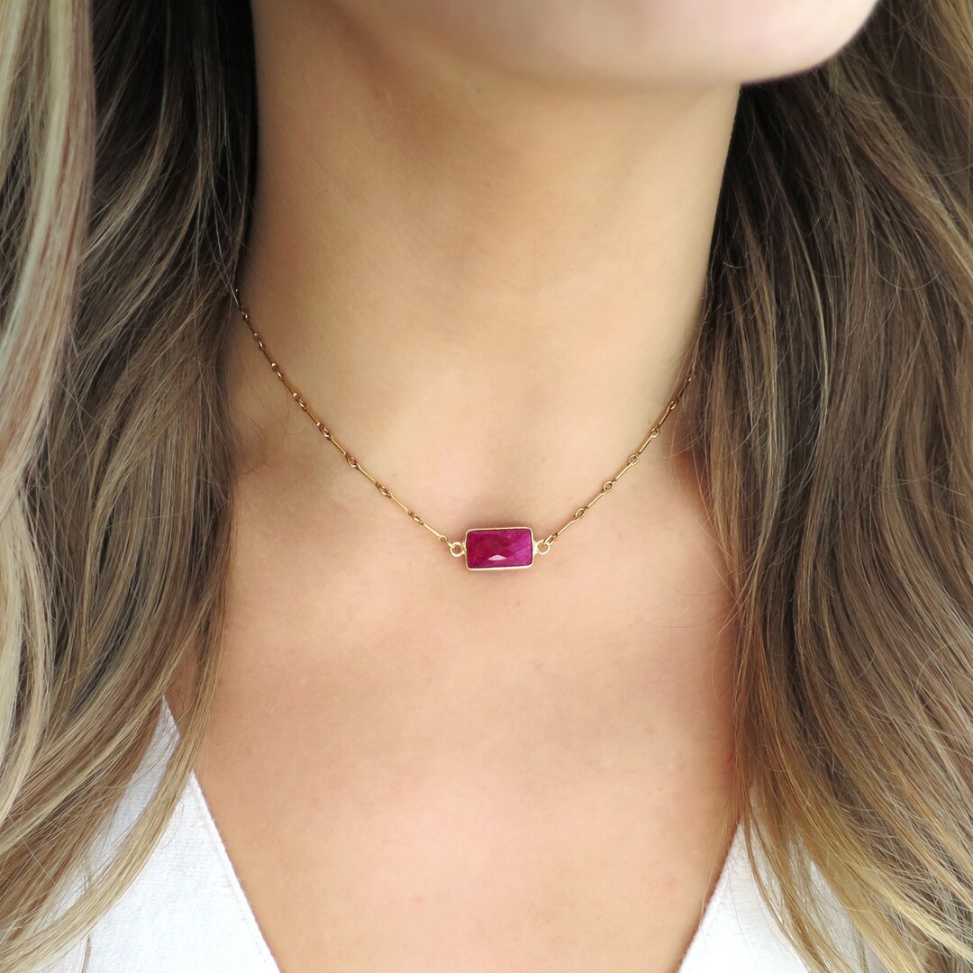 Gold Ruby Necklace Gold, Dainty Ruby Necklace, Ruby Pendant, Gold Framed Ruby Jewelry, Bar Chain ...