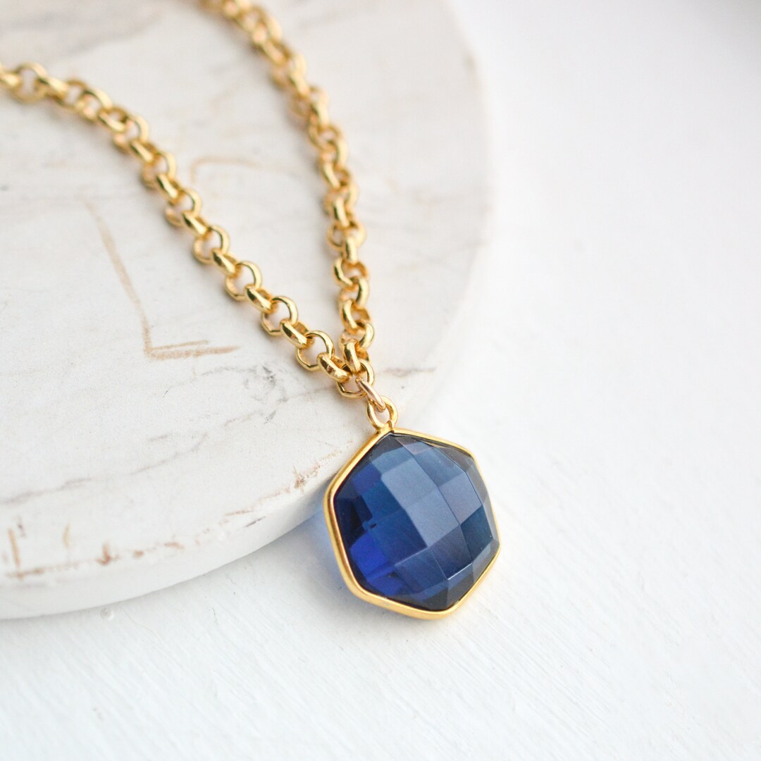 London Blue Topaz Necklace, Hexagon Pendant, Dark Blue Necklace, Blue ...