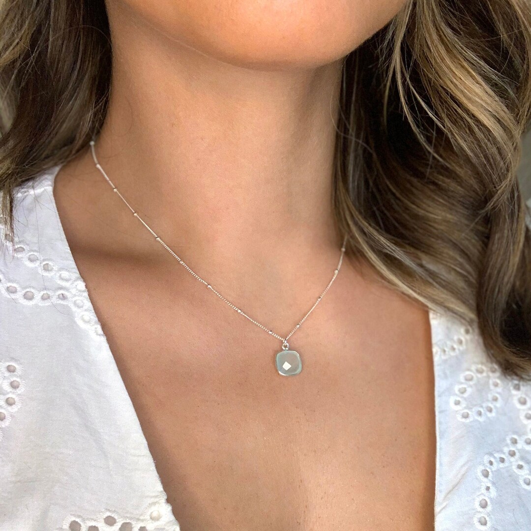 Dainty Silver Blue Necklace, Simple Chalcedony Silver Necklace, Dainty ...