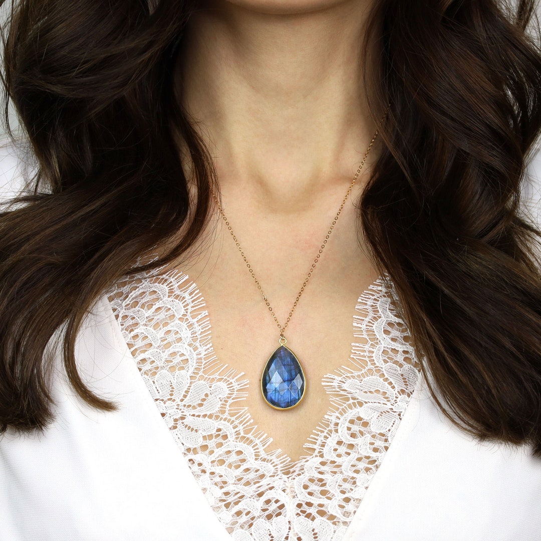 Labradorite Necklace Gold, Blue Labradorite Pendant, Large Labradorite ...