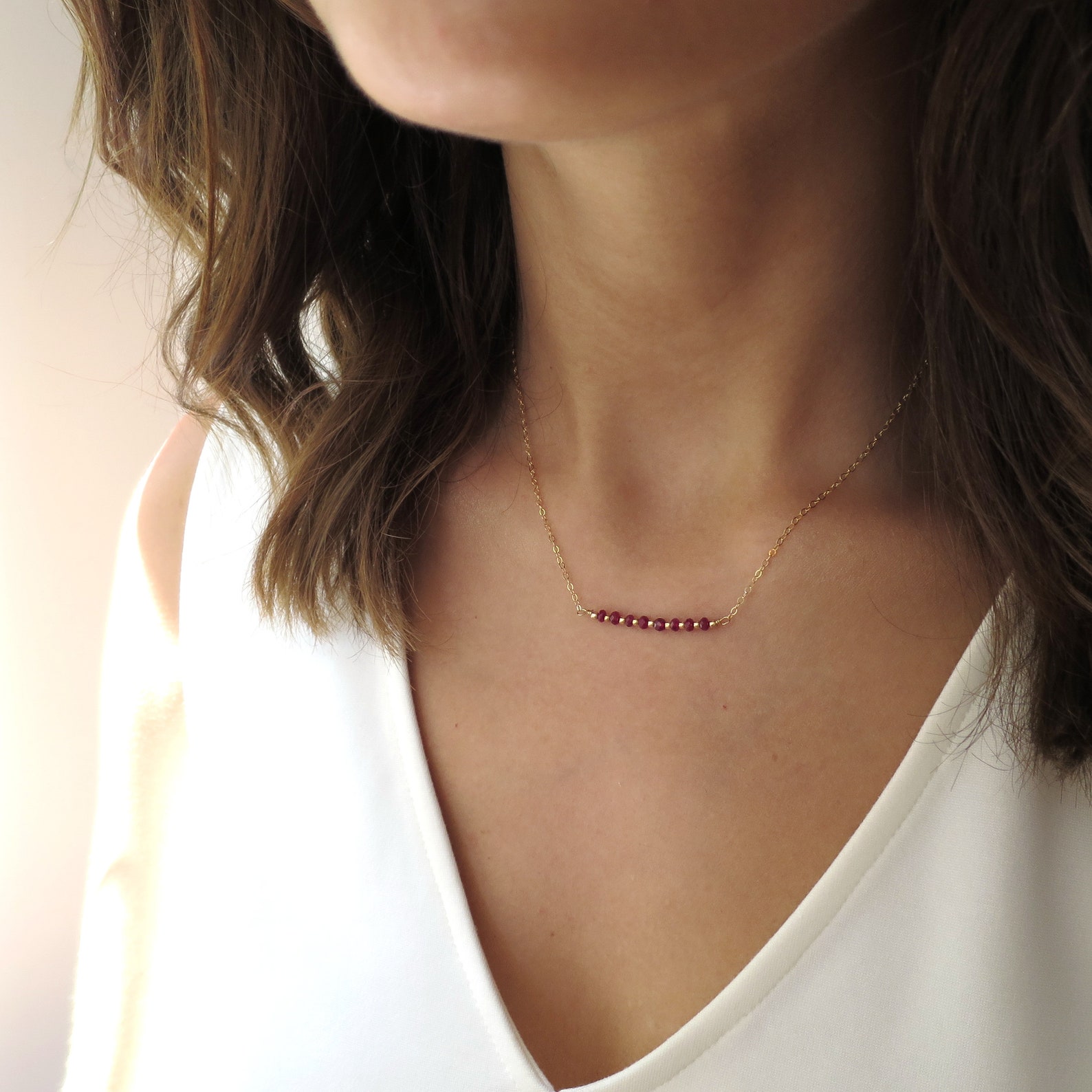 Dainty Ruby Necklace, Ruby Bar Necklace, Gold Ruby Jewelry, Simple Ruby ...