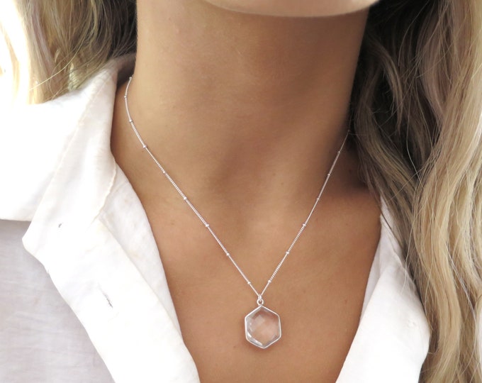 Clear Crystal Necklace Silver, Silver Hexagon Crystal Pendant, Dainty ...