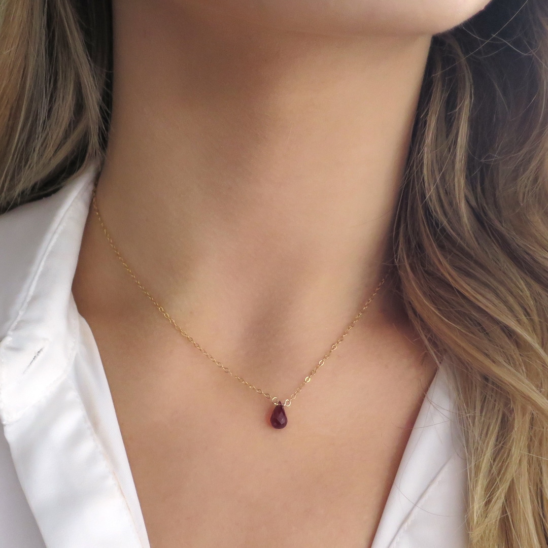 Small Garnet Necklace Gold, Gold Garnet Pendant Gold, Teardrop Garnet ...