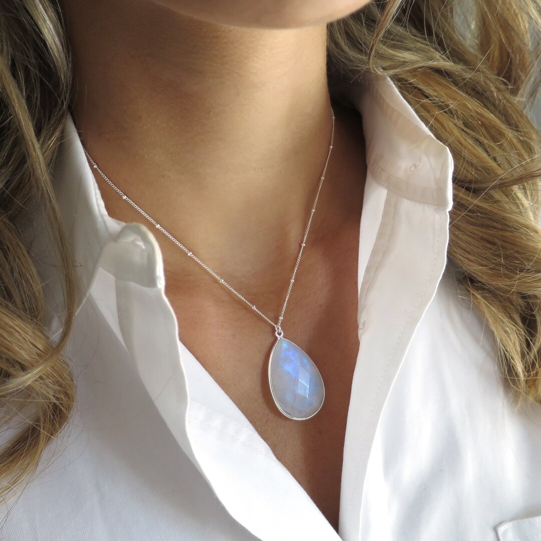 Large Silver Moonstone Pendant, Rainbow Moonstone Necklace Silver ...