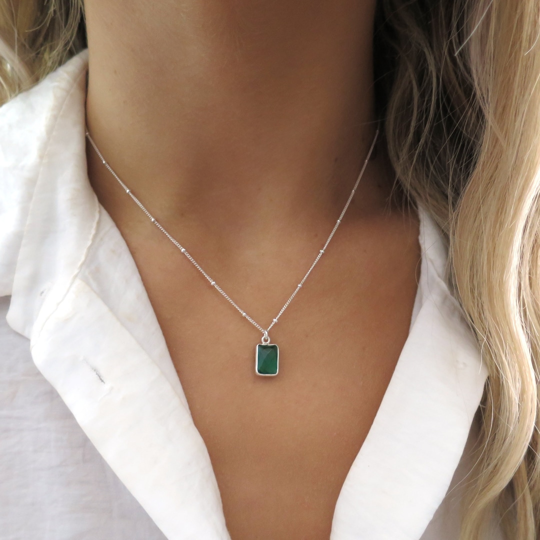 Dainty Emerald Necklace Silver Satellite, Silver Emerald Pendant, Emerald Jewelry, Delicate ...