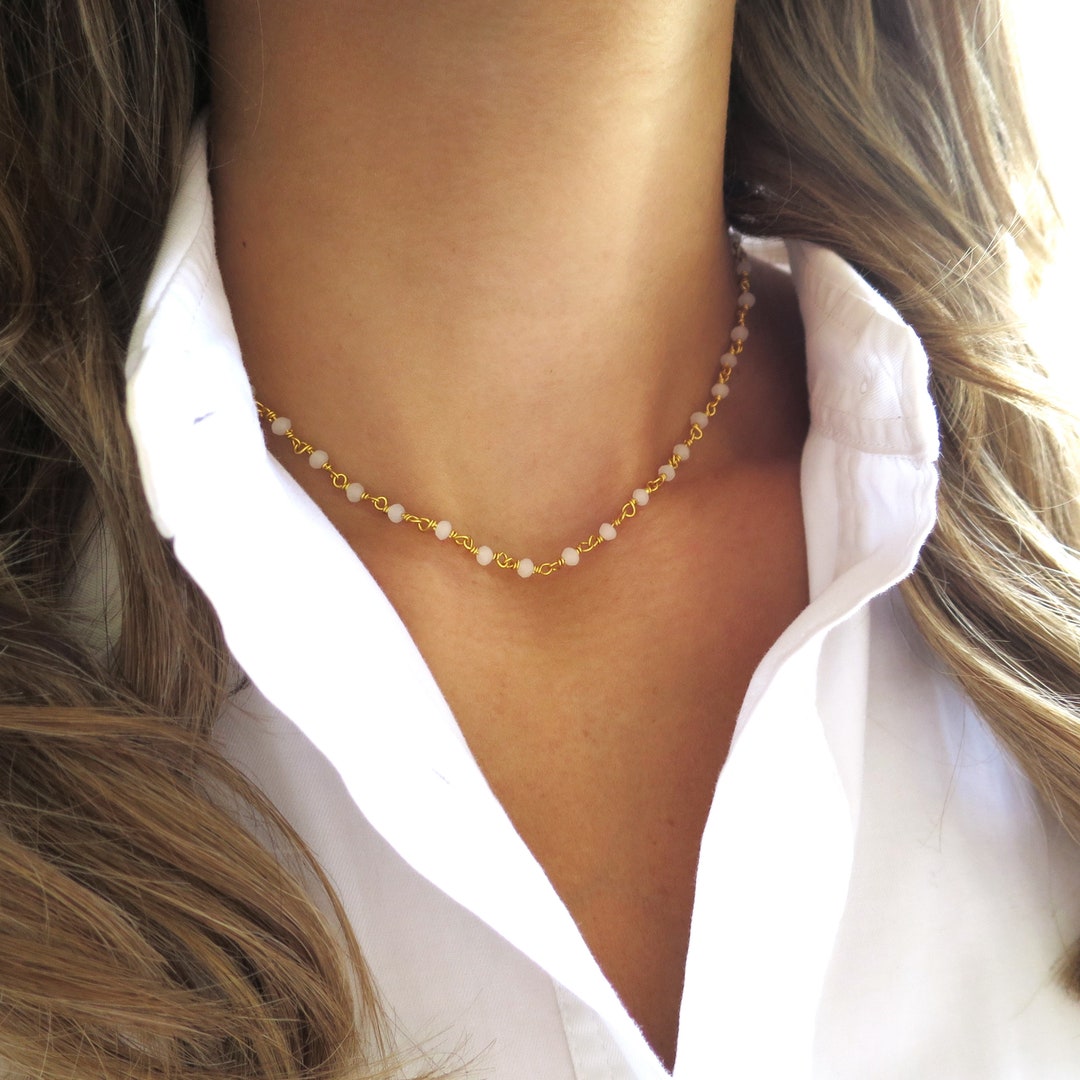 Dainty Choker Necklace, Gemstone Choker Necklace, White Choker, Beaded ...