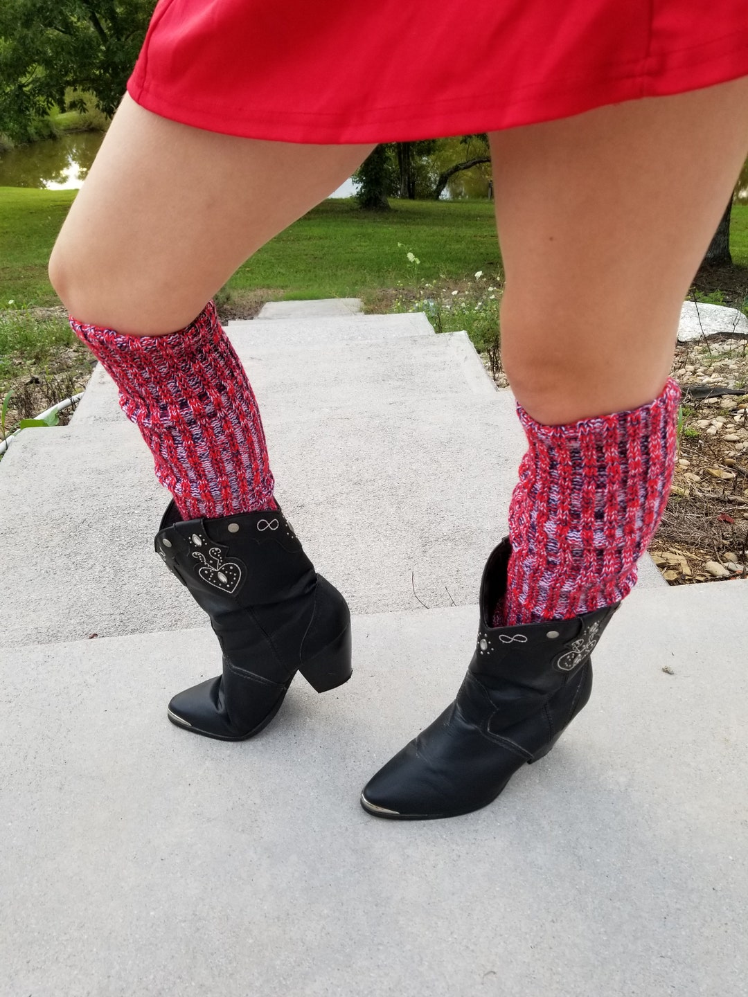 Hand Knit Fire Engine Red White and Navy Marl Legwarmers, Hiking and ...