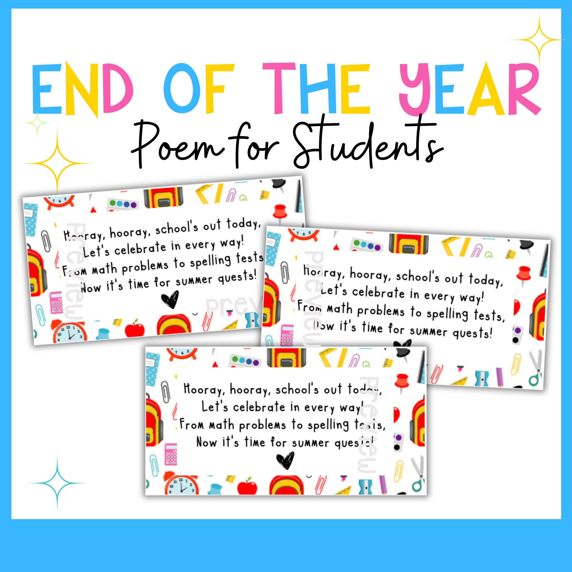 End of the Year Poem for Students Summer Vacation Digital Download ...