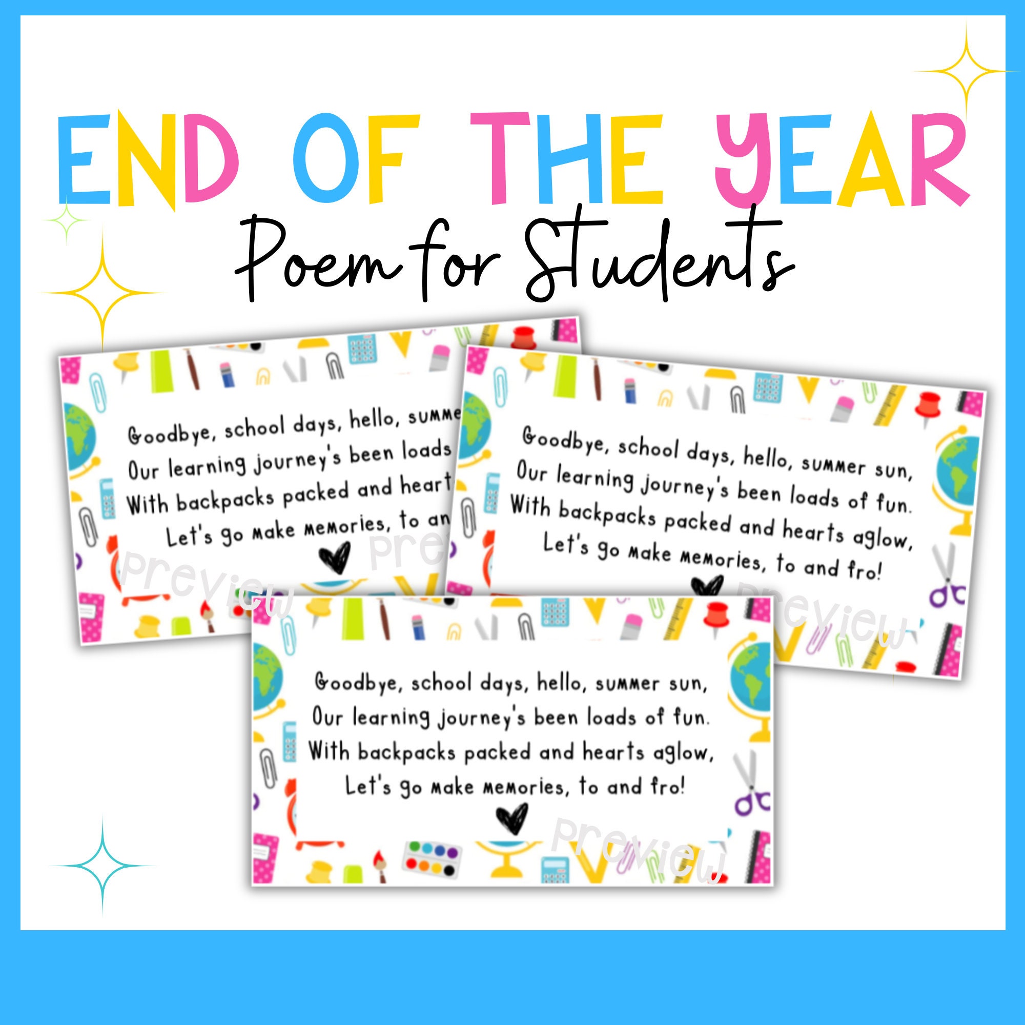 End of the Year Poem for Students Summer Vacation Digital Download ...