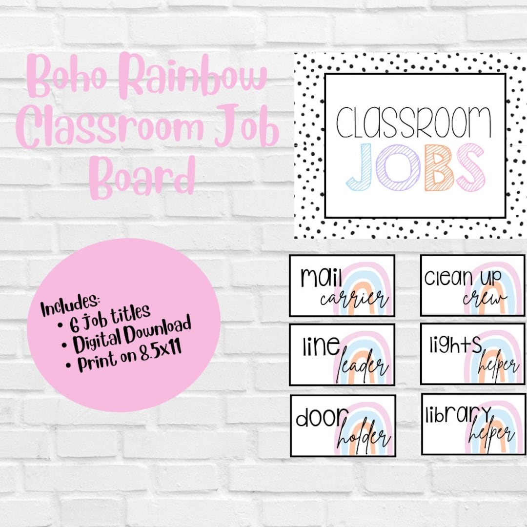 Boho Rainbow Classroom Job Board Class Responsibility Boho Classroom ...