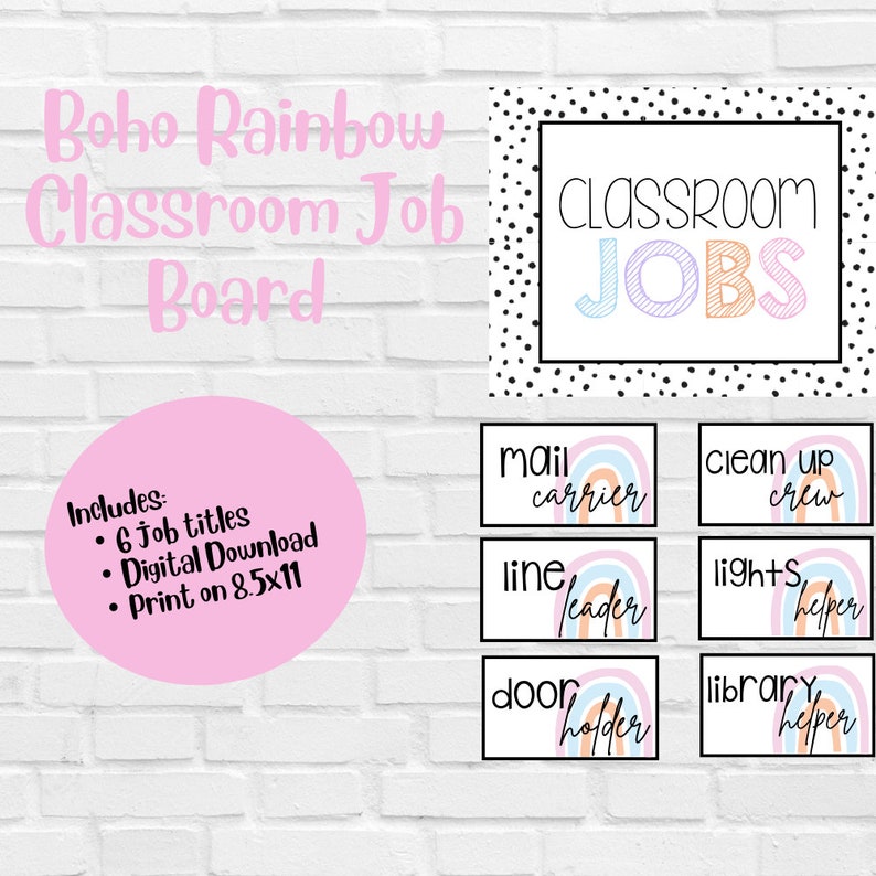 Boho Rainbow Classroom Job Board Class Responsibility Boho Classroom ...