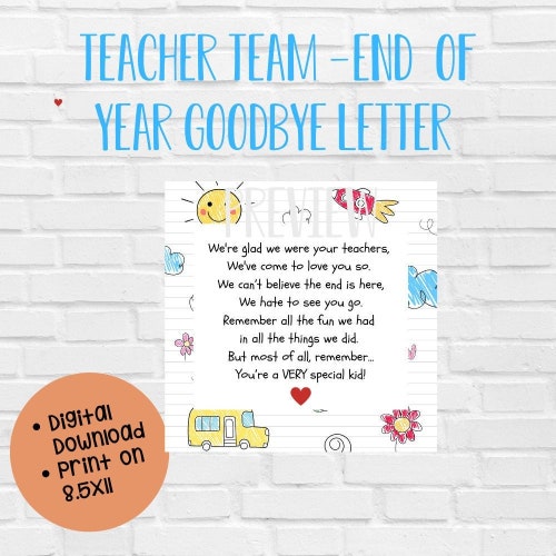 Teacher Goodbye Letter to Kids Teacher End of School Letter - Etsy