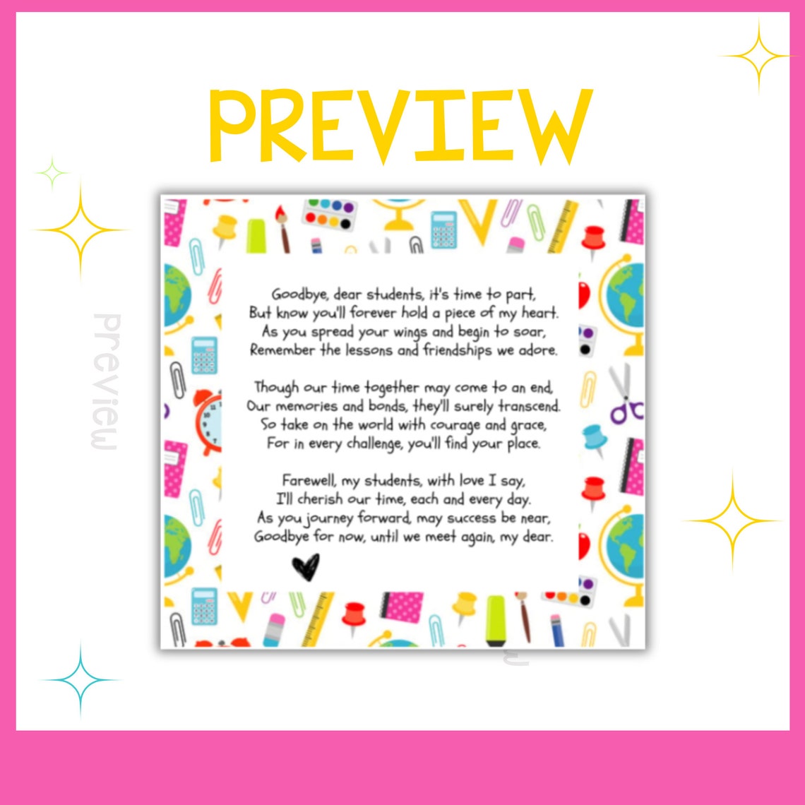 End of the Year Goodbye Poem for Students Summer Vacation Digital ...