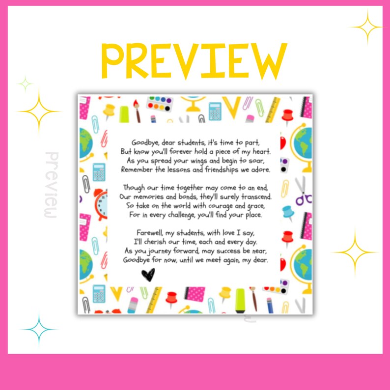 End of the Year Goodbye Poem for Students Summer Vacation Digital ...