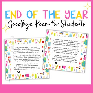 End of the Year Goodbye Poem for Students Summer Vacation Digital ...