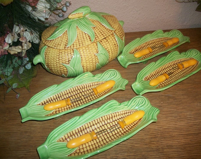 Hand Painted Ceramic Corn Serving Set Covered Casserole Dish Four Corn ...