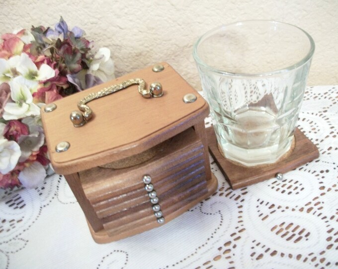 Coaster Set Teak Wood Framed Cork Coasters in Stacking Caddy - Etsy