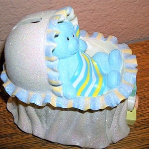 Coin Bank Baby Crib Vintage Russ Berrie Resin Teddy Bear Blue Pink ...