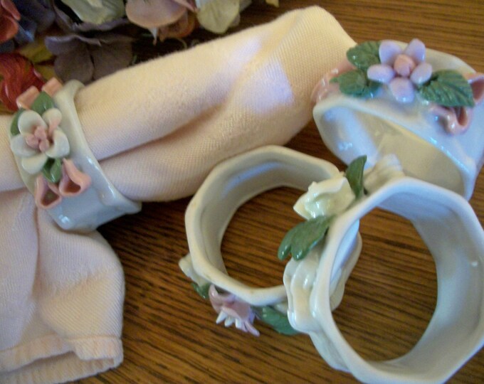 Napkin Rings Pastel Flowers White Porcelain Vintage Cottage Chictable ...