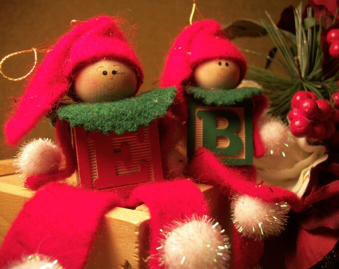 Pair of Wooden Toy Letter Block Elf Christmas Tree Ornaments, Long ...