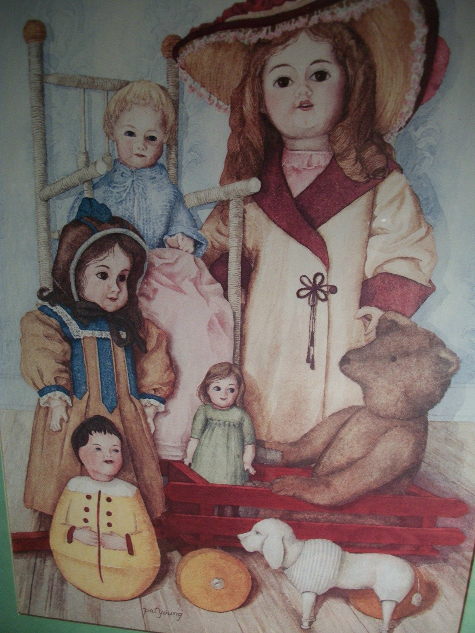 Artist Pat Young Framed Art Print Antique Dolls and Teddy Bear - Etsy