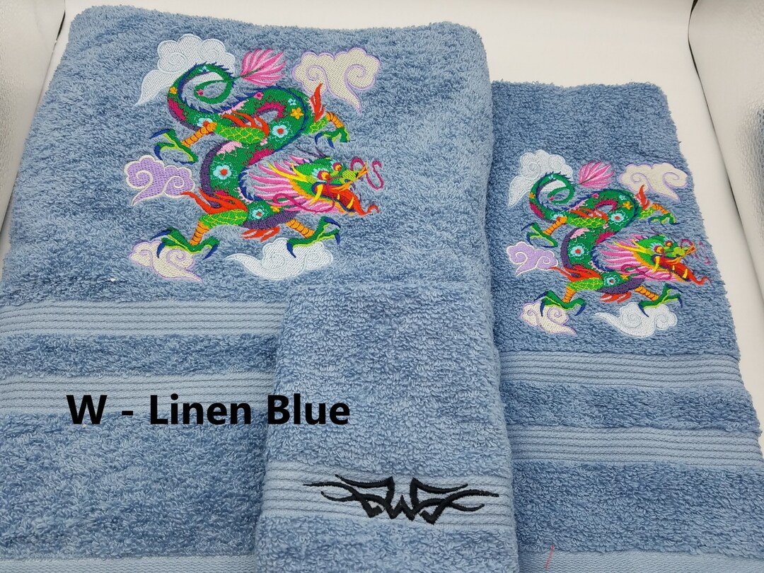 Chinese Dragon Embroidered 3 Piece Towel Set Bath Towel or Bath Sheet, Hand Towel and Washcloth ...
