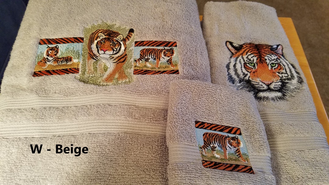 Tiger Embroidered 3 Piece Towel Set Bath Towel or Bath Sheet, Hand ...