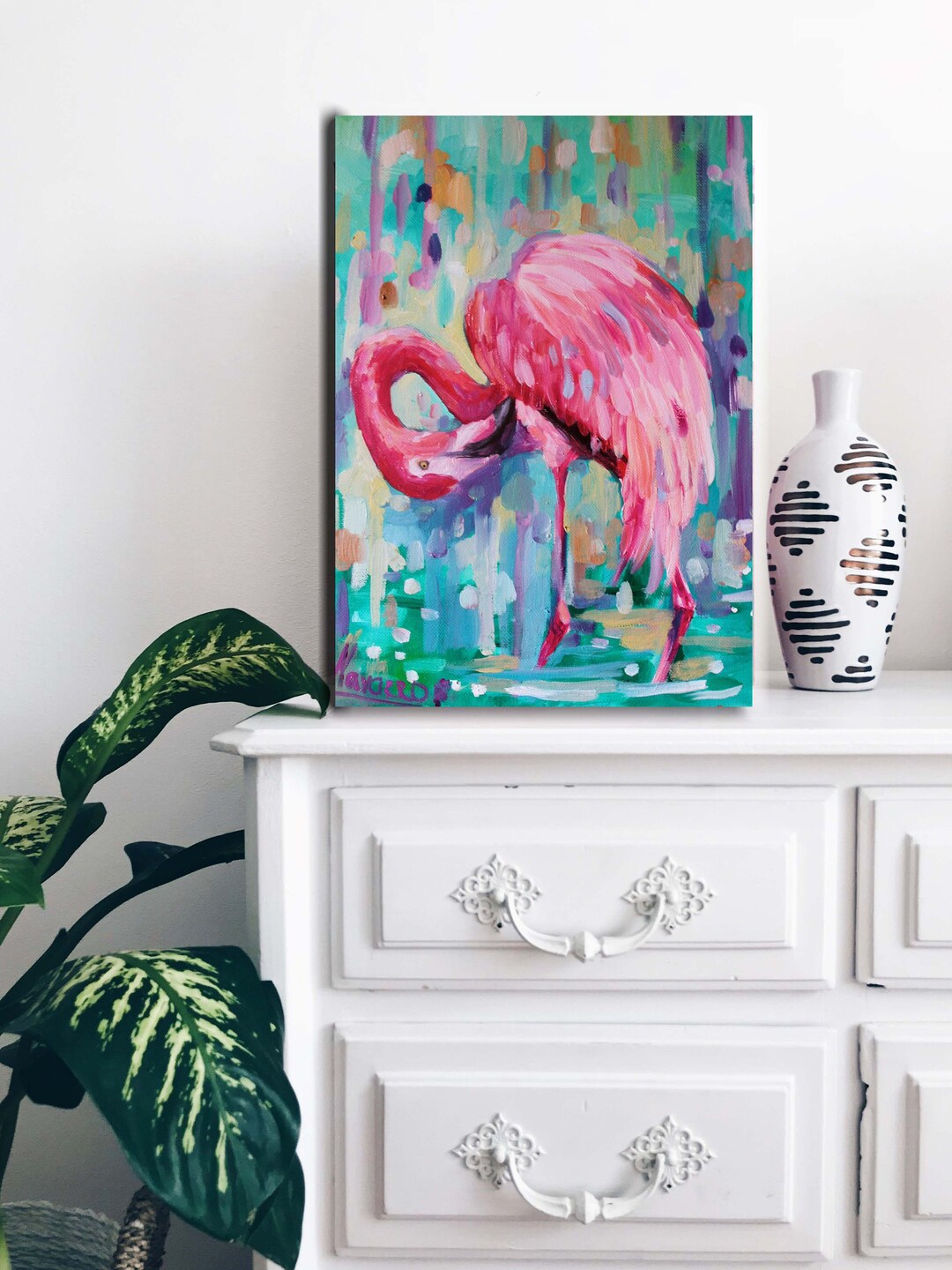 Flamingo Art on Canvas,abstract Art, Flamingo Decor, Flamingo Wall Art ...
