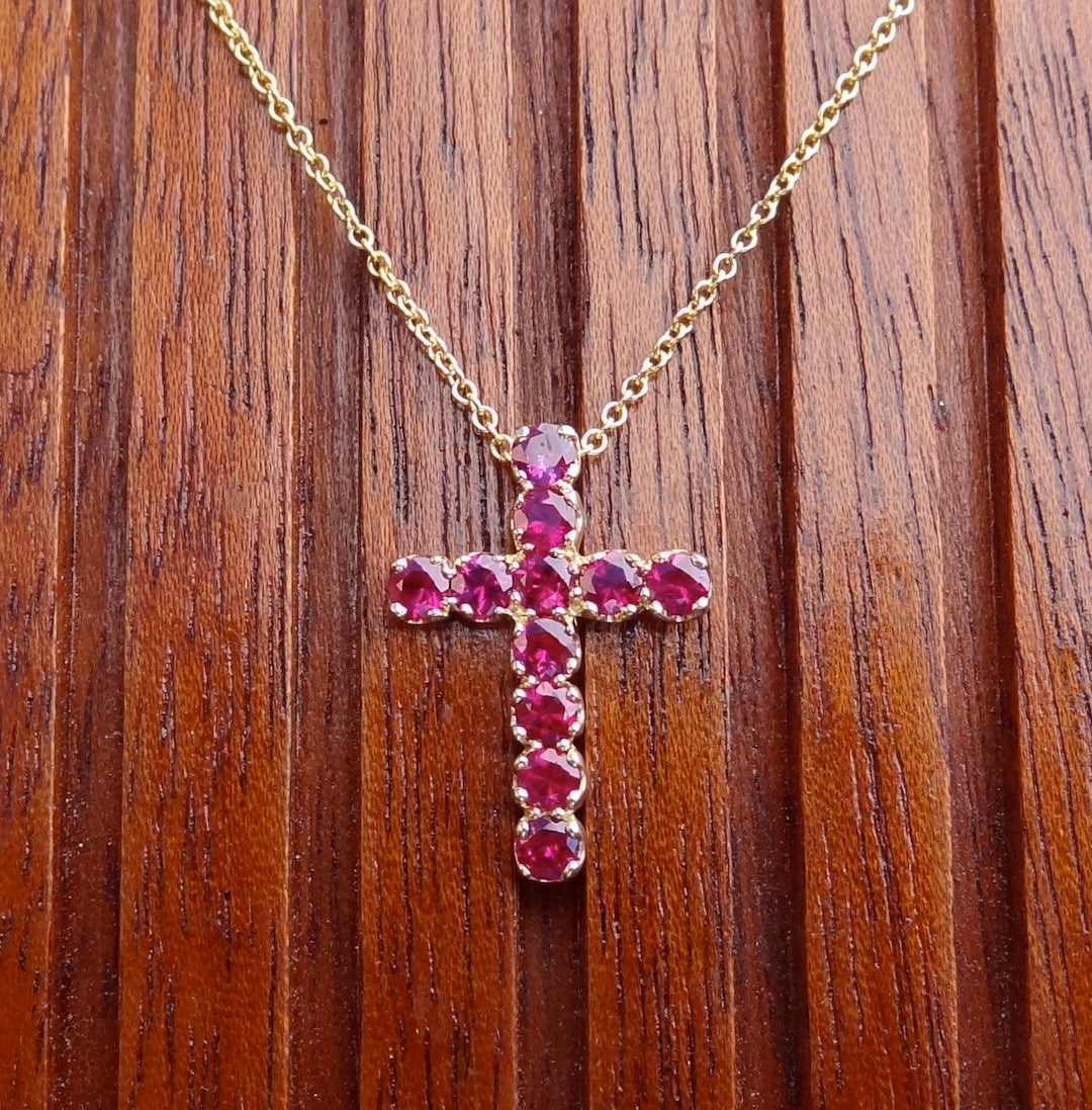 Fine Diamond Cut Red Rubies 18k Yellow Gold Cross Pendant Ruby Necklace ...