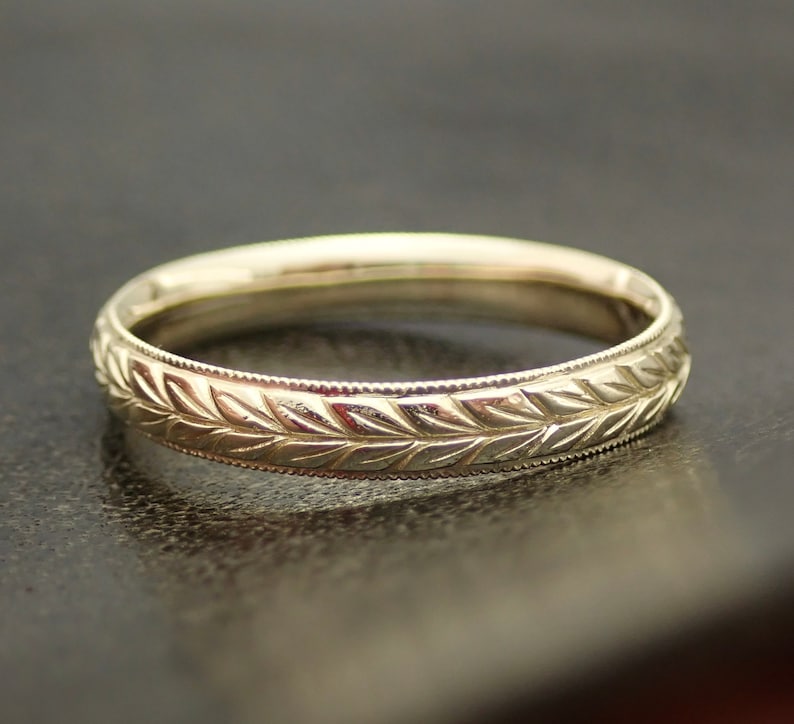 Hand Engraved 18k Yellow Gold Wedding Band: Wheat Pattern, Milgrain ...