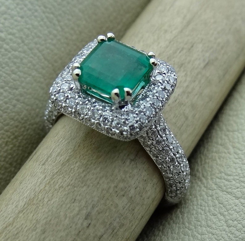 Natural Emerald Engagement Ring with Micro Pave Diamonds Halo | Etsy