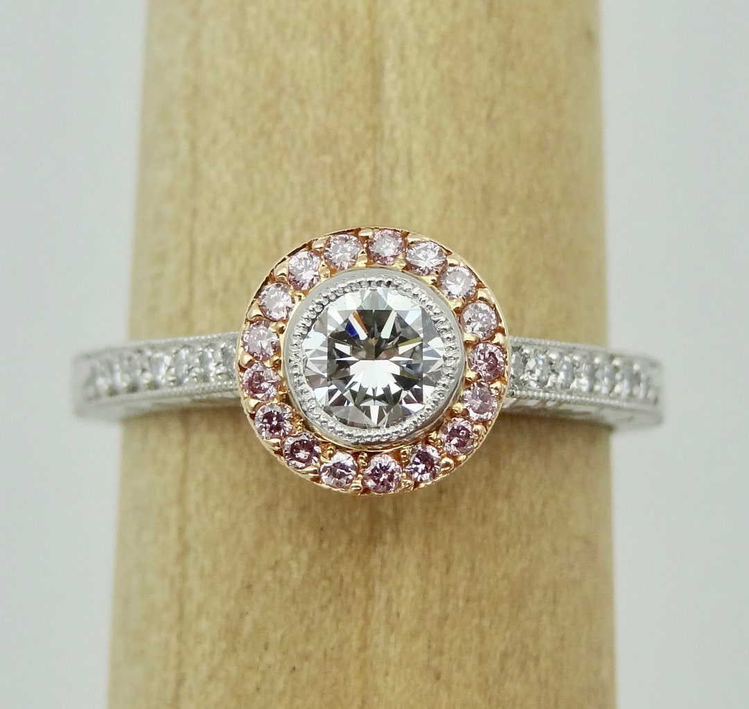 Natural Untreated Pink Diamond Halo Platinum Engagement Ring and 18k ...