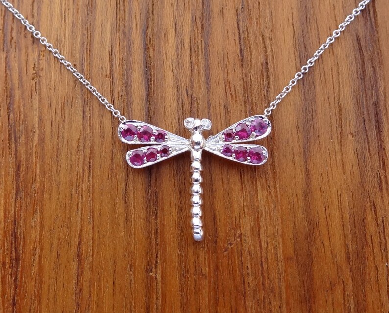 Dragonfly Pendant with Rubies / Diamonds 14k White Gold | Etsy