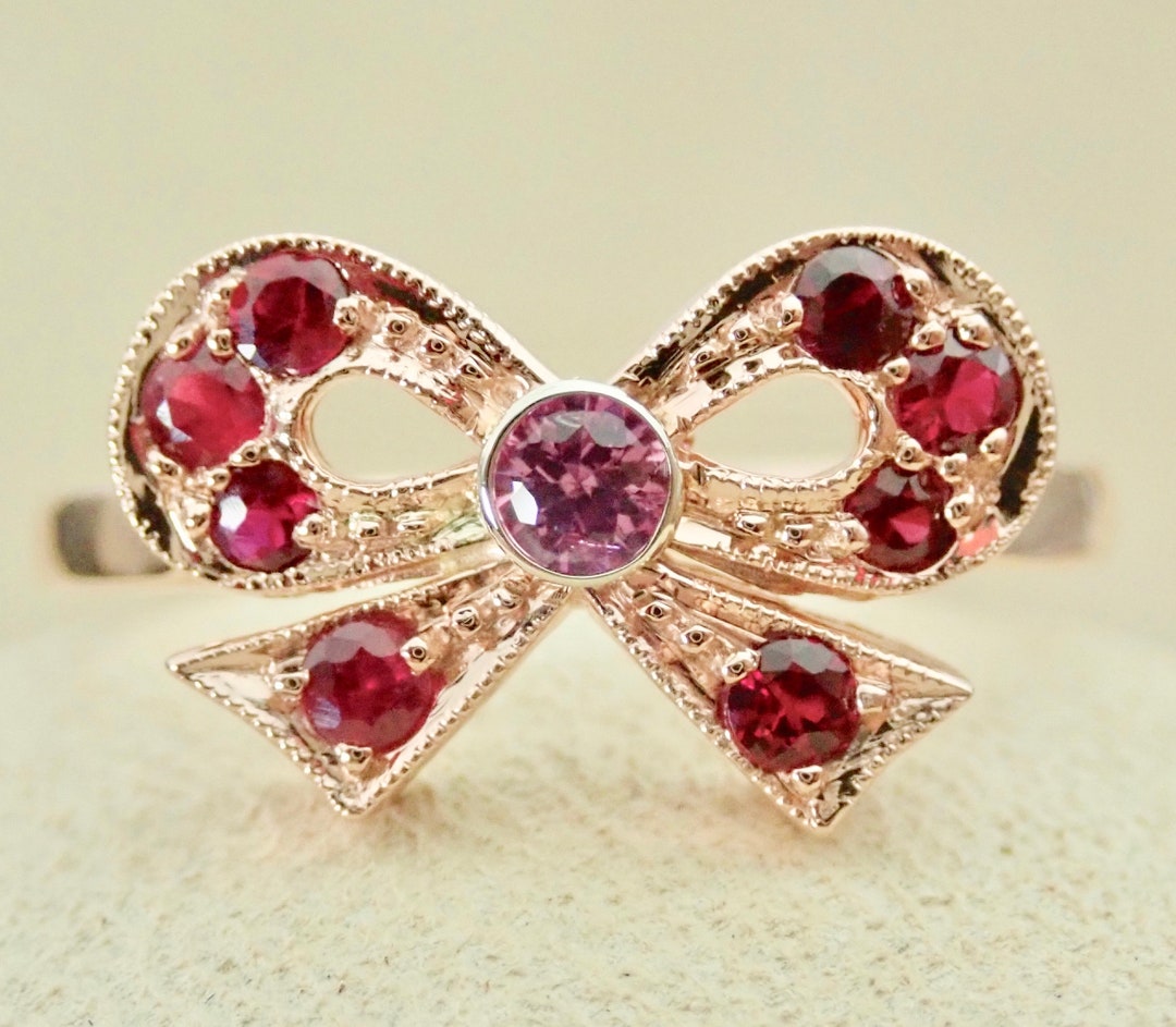 Ruby & Pink Sapphire Bow Ring - 14k Rose Gold Promise Ring - Etsy