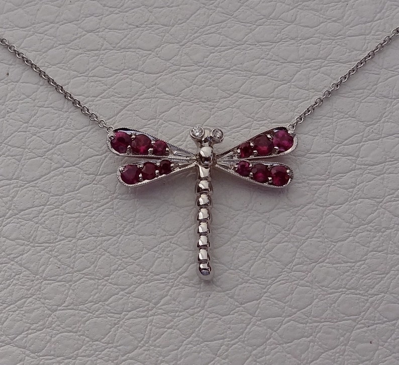 Dragonfly Pendant with Rubies / Diamonds 14k White Gold | Etsy