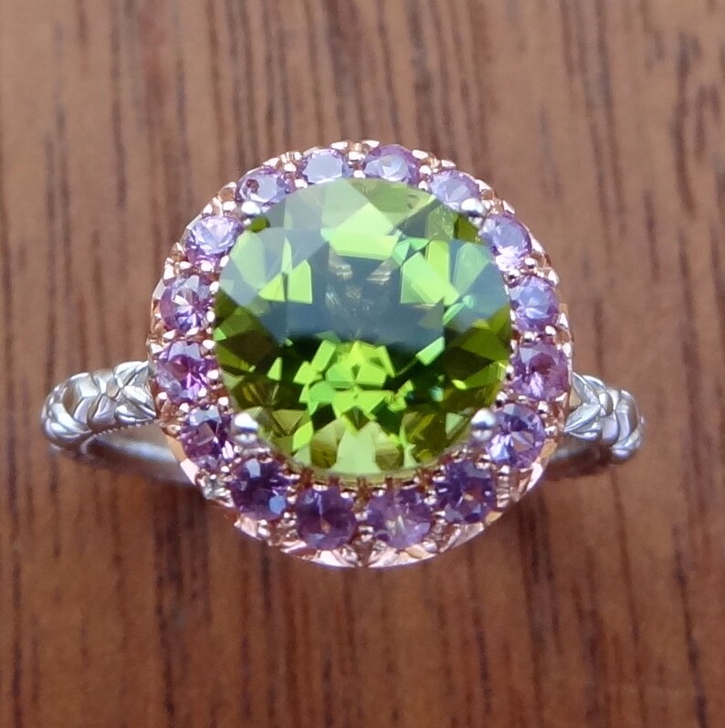 Peridot With 16 Pink Sapphire Pave Halo Engagement Ring 18k - Etsy