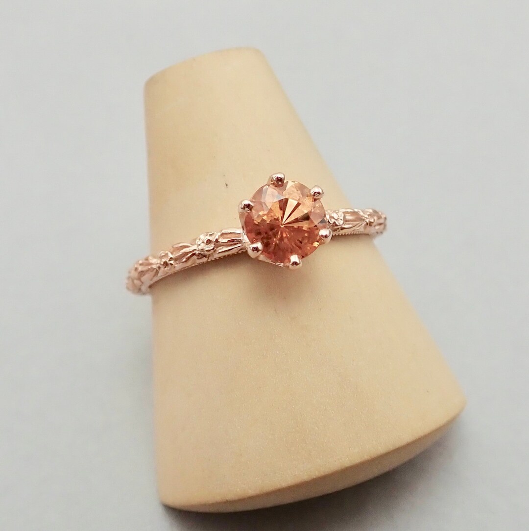 Vintage Peach Topaz Engagement Ring: 14k Rose Gold Carved Flower Band ...